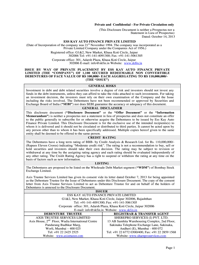 Fillable Online ESS KAY AUTO FINANCE PRIVATE LIMITED ISSUE BY WAY OF ...