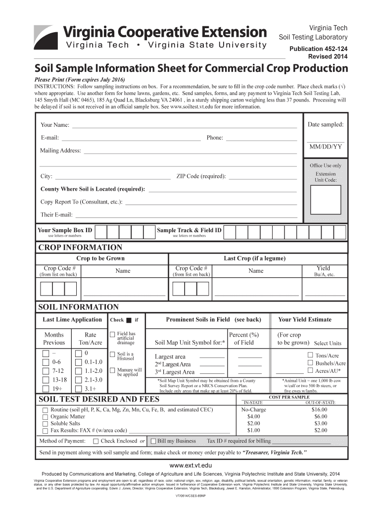 Fillable Online pubs ext vt Soil Sample Information Sheet for ...