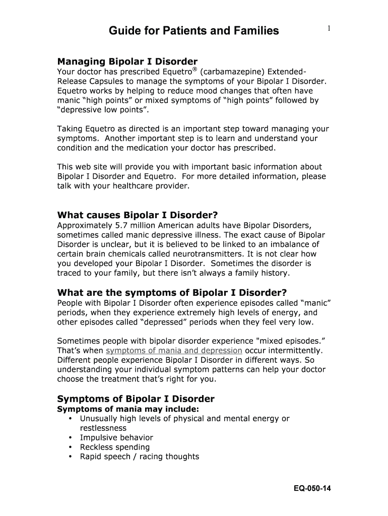 Fillable Online Managing Bipolar I Disorder - Home - Equetro Fax Email Print - pdfFiller