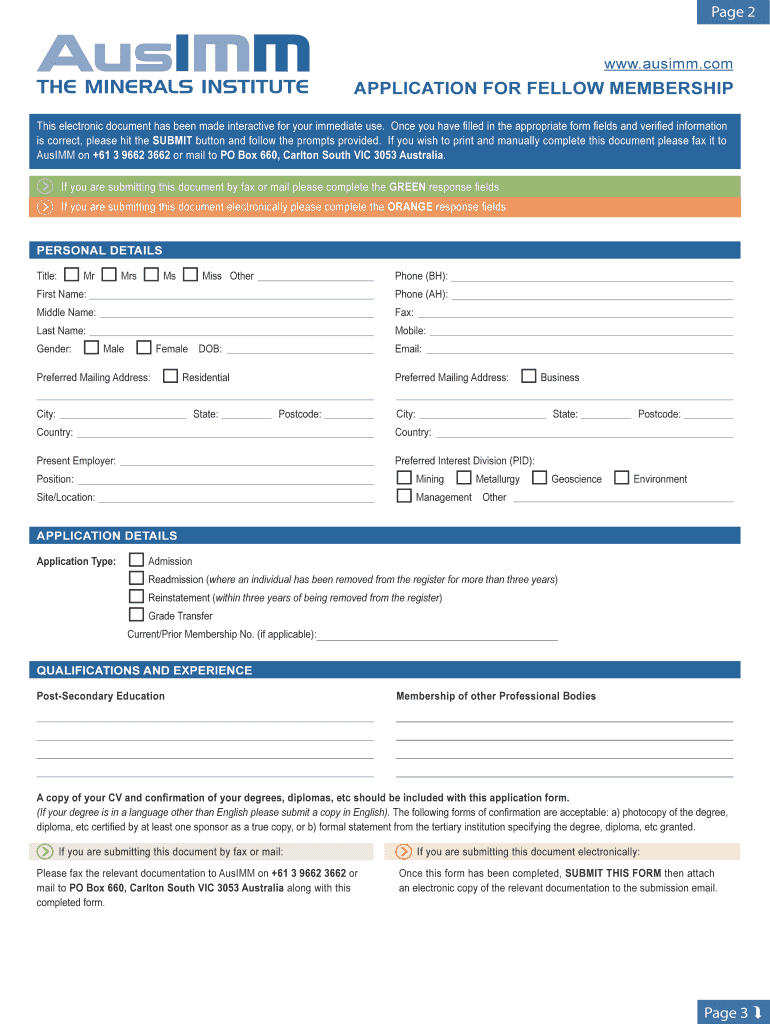 Fillable Online ausimm com Www.ausimm.com APPLICATION FOR FELLOW ...