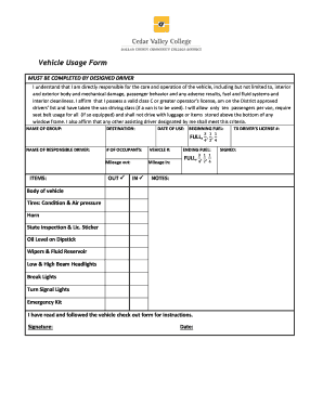 Fillable Online cedarvalleycollege Vehicle Usage Form Fax Email Print ...