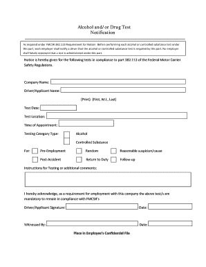 Fillable Online Alcohol andor Drug Test Notification - Transportation ...