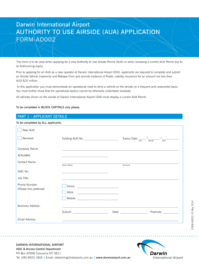 Fillable Online (AUA) Permit Application Form - Darwin International ...