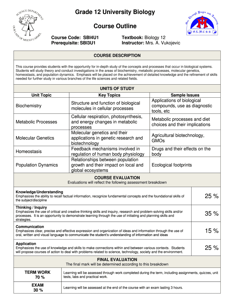 Fillable Online Grade 12 University Biology Course Outline Fax Email ...