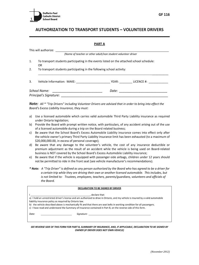 Fillable Online AUTHORIZATION TO TRANSPORT STUDENTS VOLUNTEER DRIVERS ...