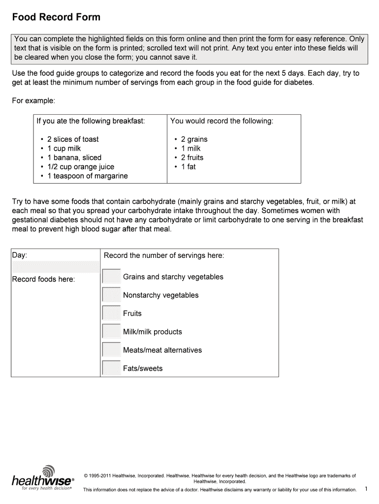 Fillable Online Use the food guide groups to categorize and record the ...