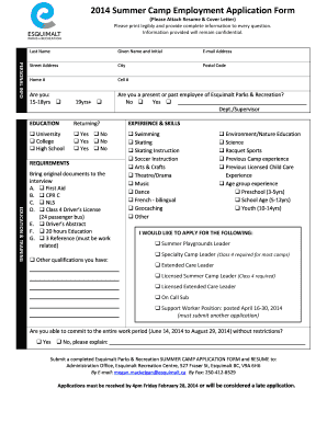 Fillable Online 2014 Summer Camp Employment Application Form Fax Email ...