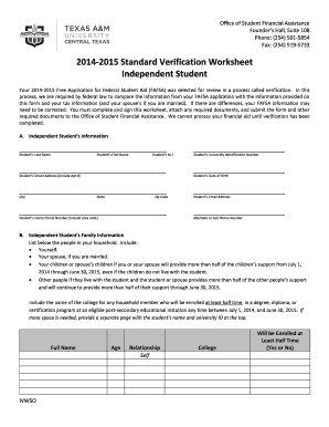 Fillable Online 2014-2015 Standard Verification Worksheet Independent Student Fax Email Print ...