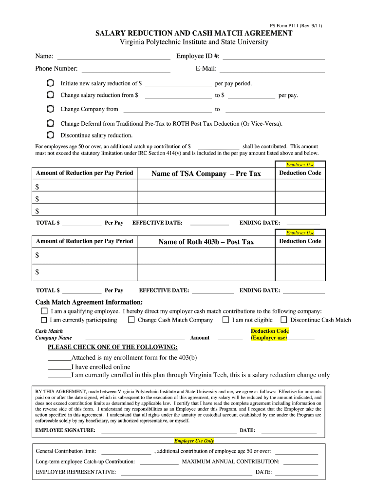 Fillable Online apps hr vt PS Form P111 (Rev. 9/11) SALARY REDUCTION ...