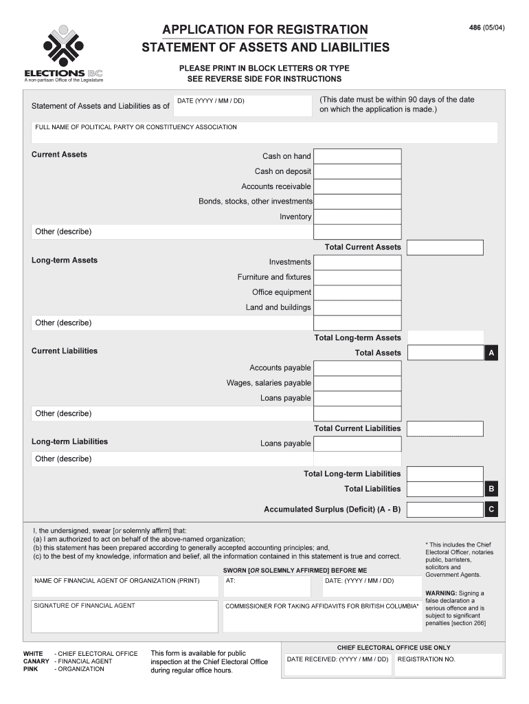 Fillable Online elections bc APPLICATION FOR REGISTRATION STATEMENT OF ...