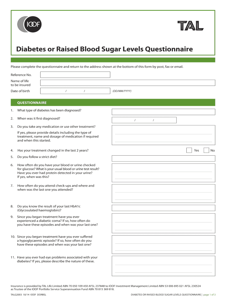 Fillable Online Diabetes or Raised Blood Sugar Levels Questionnaire Fax ...