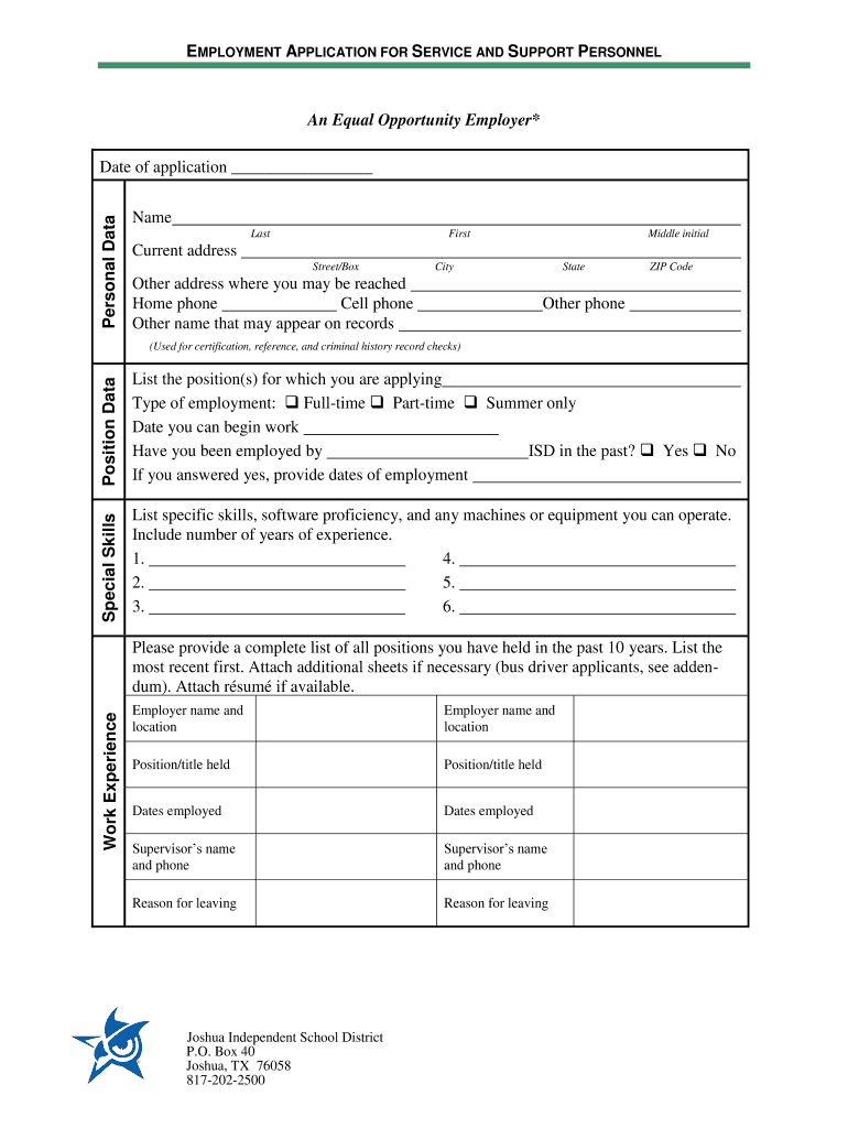 Fillable Online joshuaisd List the position(s) for which you are applying - joshuaisd Fax Email ...