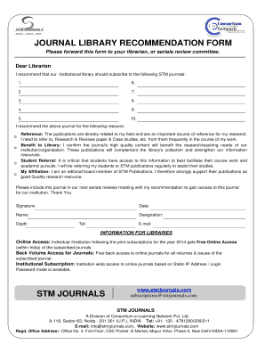 Fillable Online JOURNAL LIBRARY RECOMMENDATION FORM STM JOURNALS Fax ...