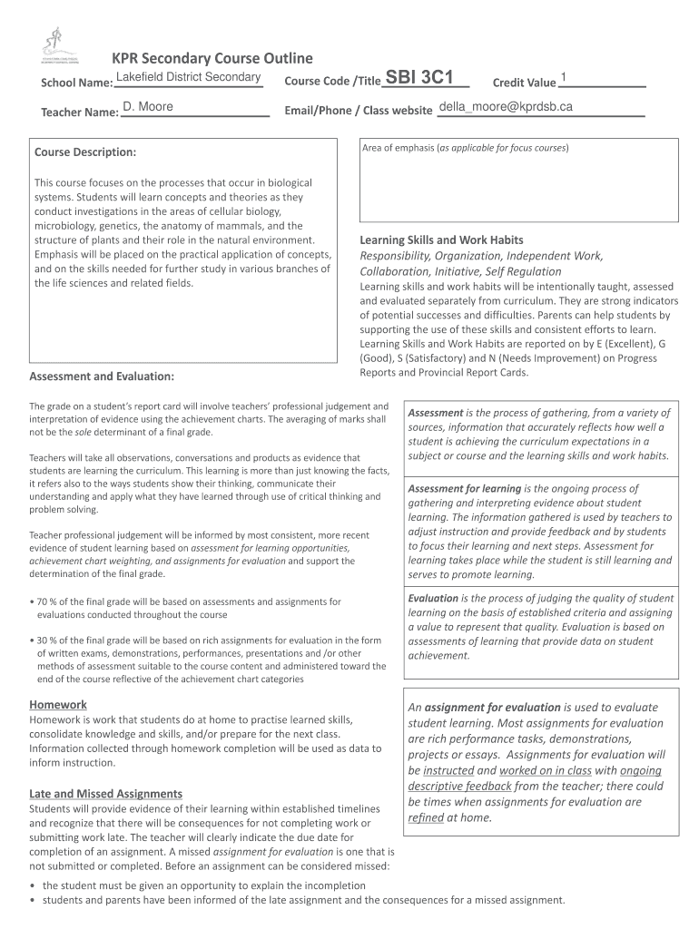 Fillable Online lakefield kprdsb KPR Secondary Course Outline SBI 3C1 - Lakefield District ...