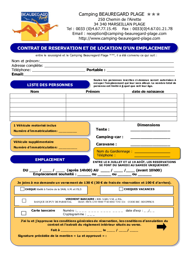 Fillable Online CONTRAT DE RESERVATION ET DE LOCATION D'UN EMPLACEMENT ...