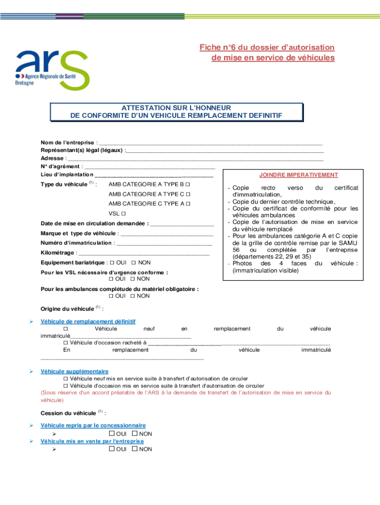 Fillable Online Fiche n6 du dossier dautorisation de mise en service de ...
