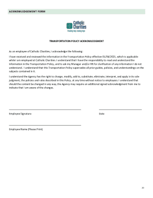 Fillable Online ACKNOWLEDGEMENT FORM TRANSPORTATION POLICY ...