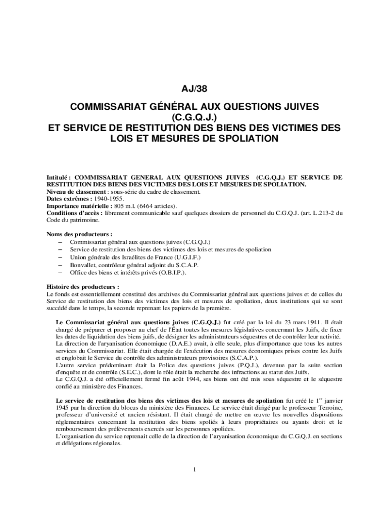 Remplissable En Ligne AJ/38 Commissariat gnral aux Questions juives (c ...