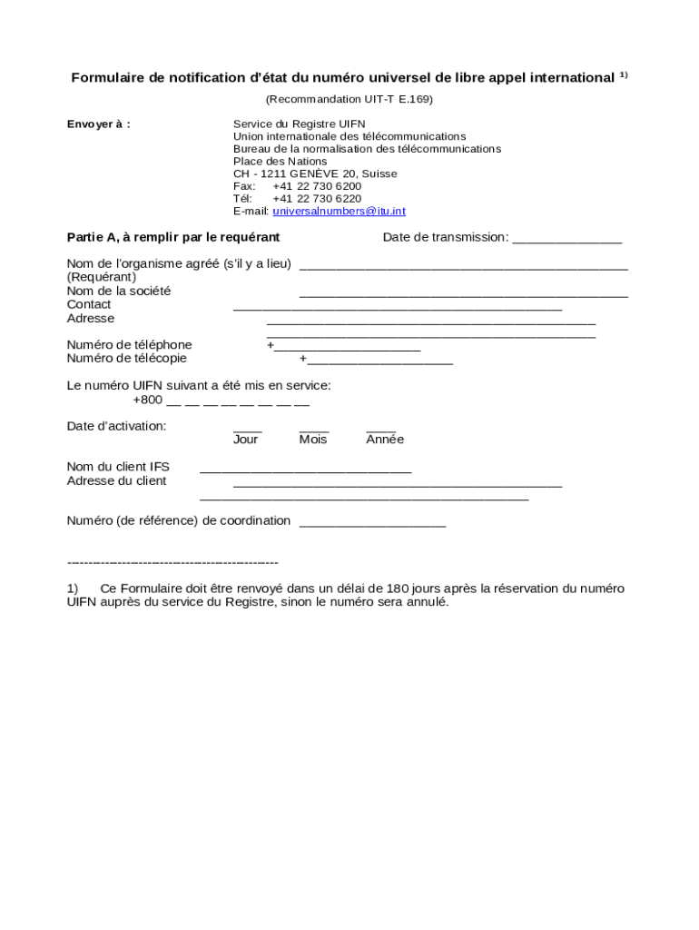 ulaire de notification dtat de numro universel de libre appel international Doc Template | pdfFiller