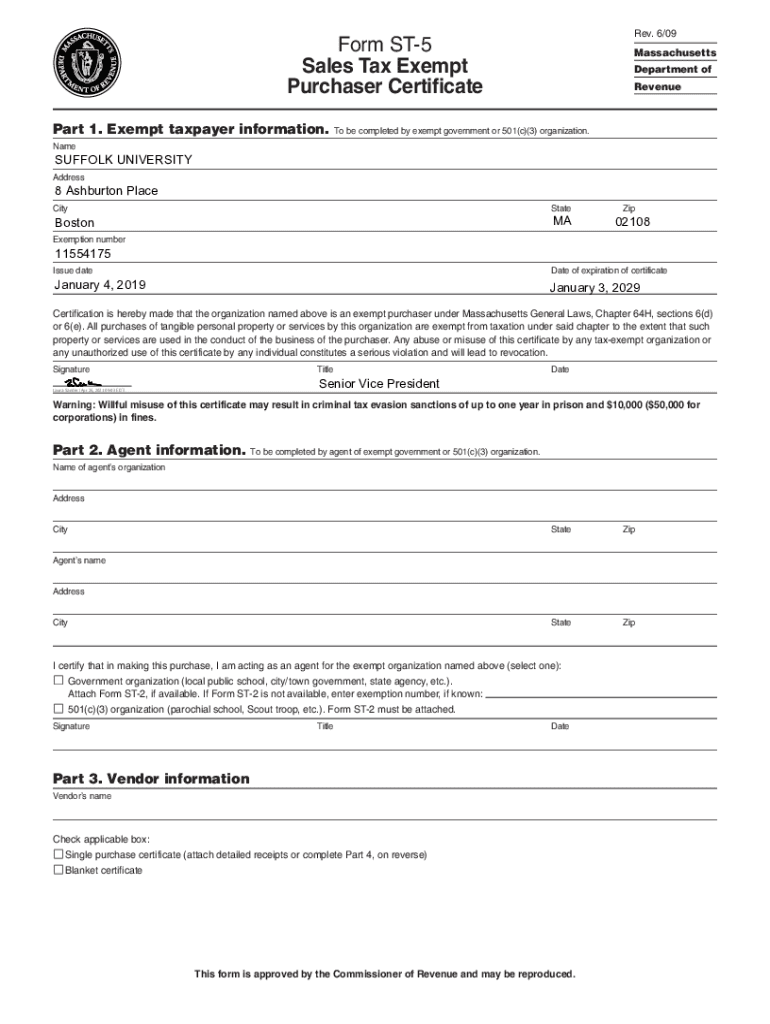 Fillable Online Form ST-5 Sales Tax Exempt Purchaser Certificate ...
