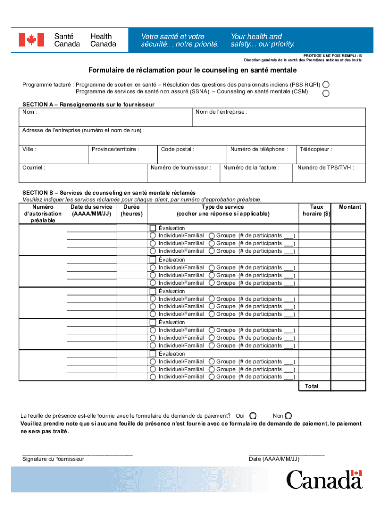 Fillable Online claim-demande-fra.pdf. Formulaire de rclamation pour le counseling en sant ...