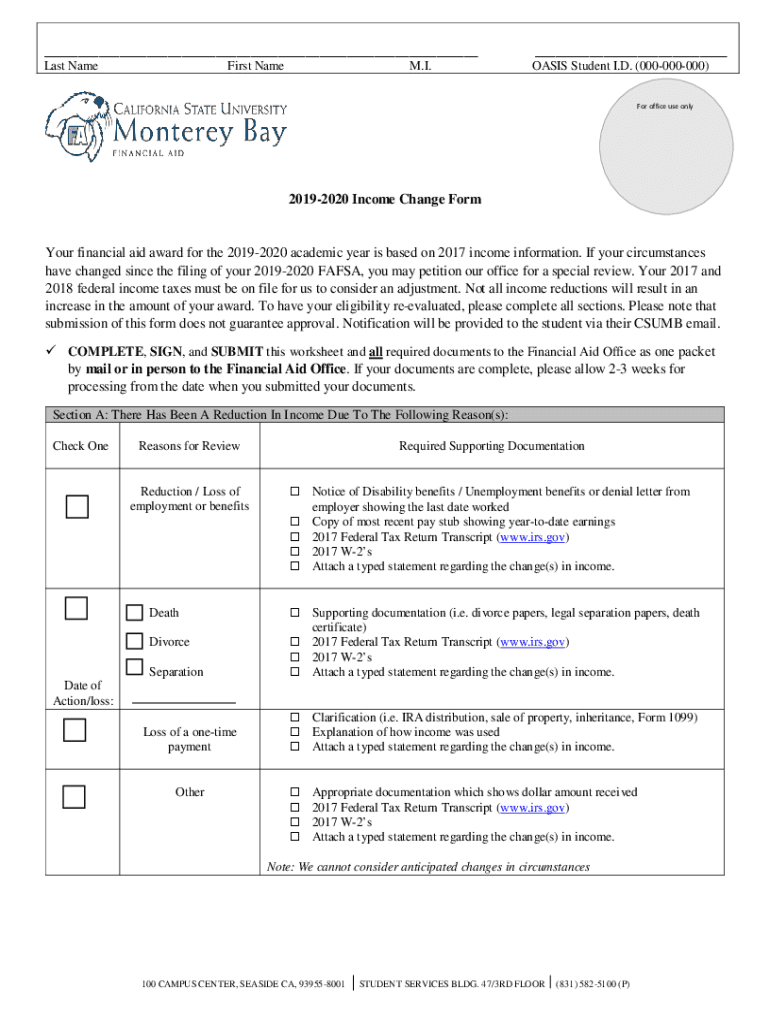 Fillable Online Fillable Online 2020-2021 Income Change Form Fax Email ...