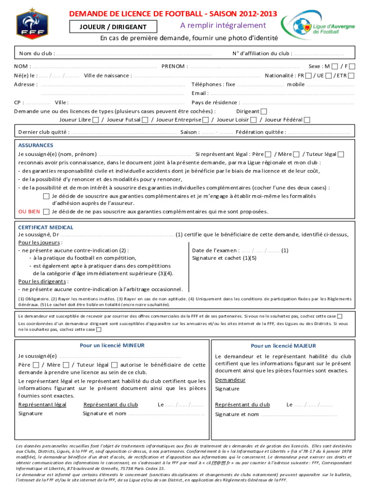 Fillable Online DEMANDE DE LICENCE DE FOOTBALL - SAISON 2012-2013 Logo ...