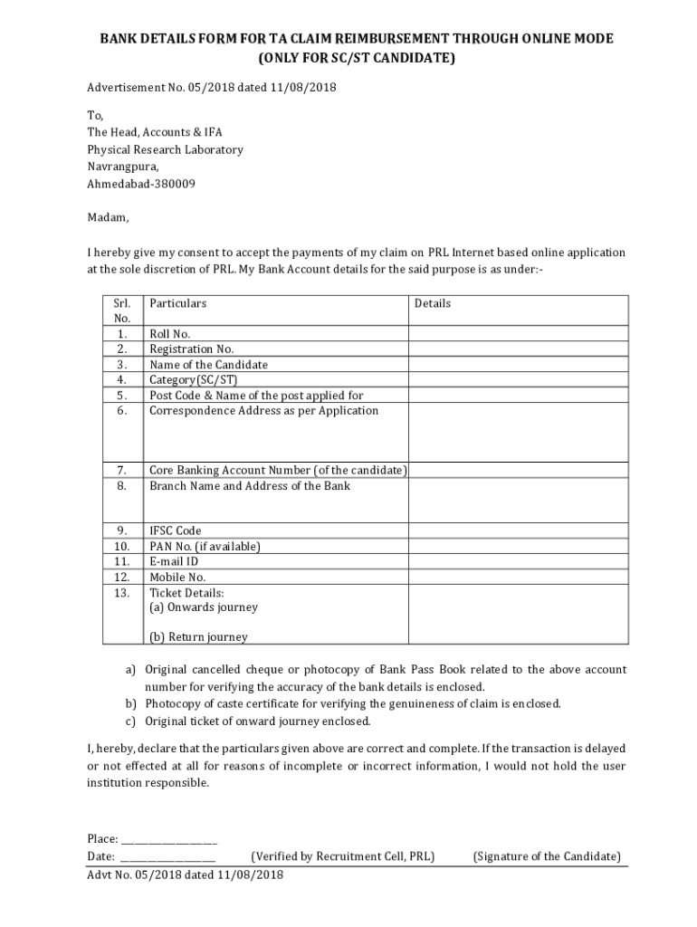 Fillable Online bank details form for ta claim reimbursement through ...