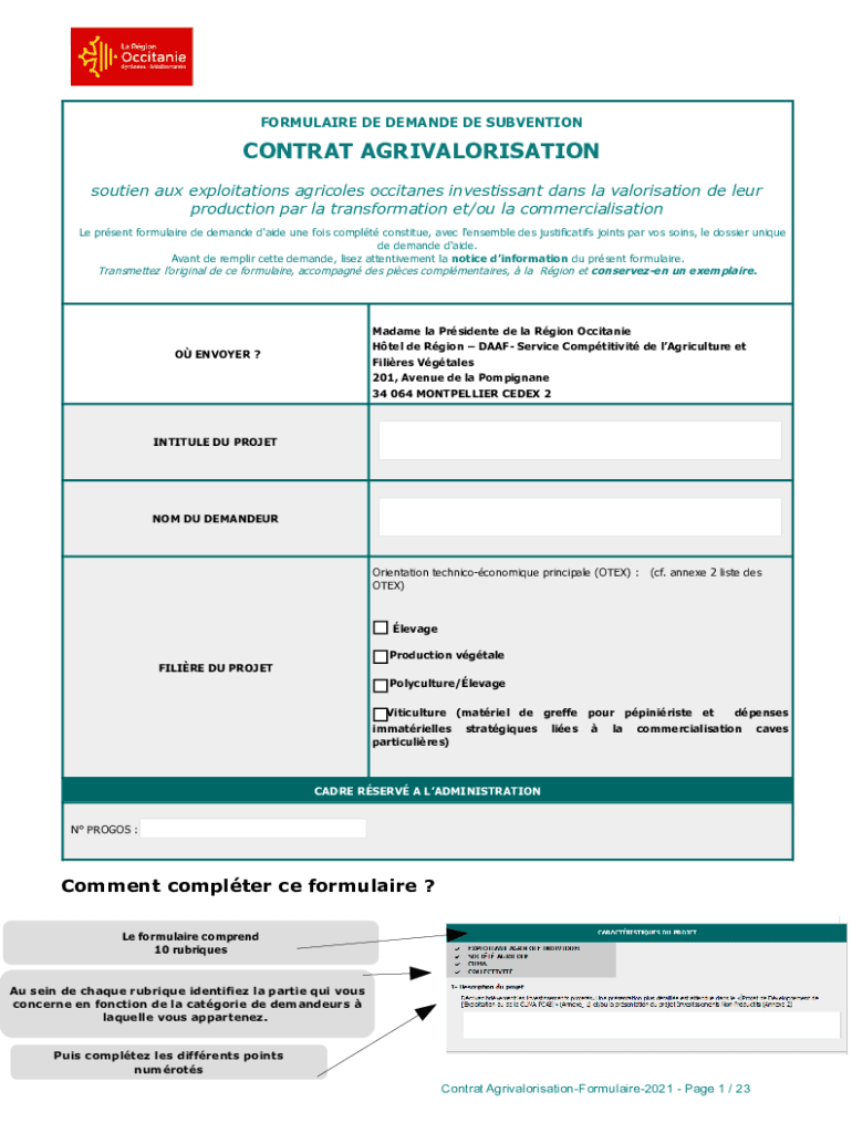 Fillable Online FORMULAIRE DE DEMANDE DE SUBVENTION CONTRAT ...