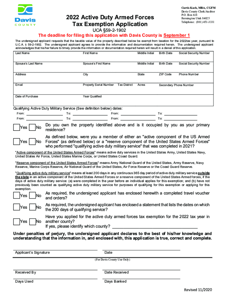 Fillable Online 2022 Active Duty Armed Forces Tax Exemption Application ...