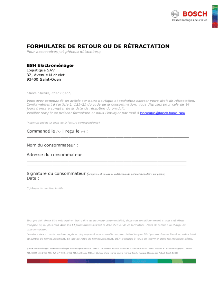 Fillable Online FORMULAIRE DE RETOUR OU DE RTRACTATION Fax Email Print ...