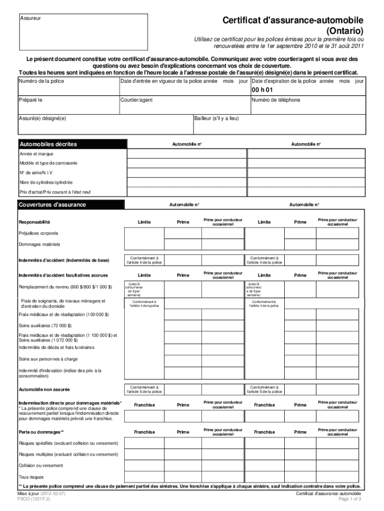 Fillable Online Certificat d'assurance-automobile. form number 1221F.2 ...