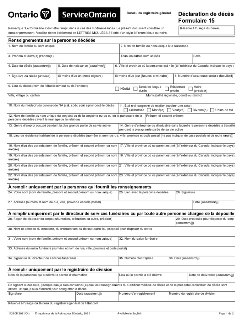 Fillable Online www.forms.ssb.gov.on.cambsssbDclaration de dcs Formulaire 15 Fax Email Print ...