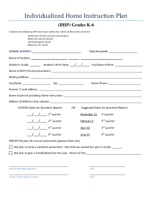 Fillable Online Home School Instruction Plan (IHIP) Kindergarten ...