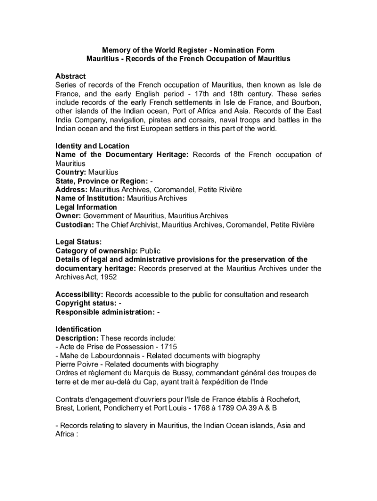 Fillable Online Memory of the World Register - Nomination Form Fax ...