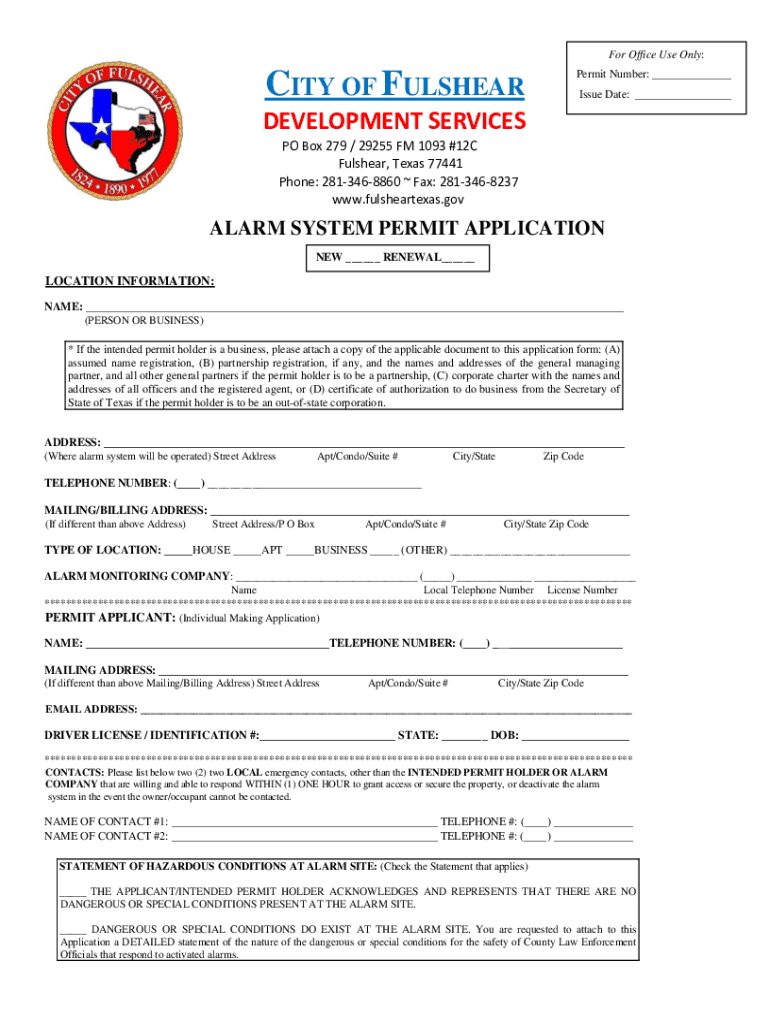 Fillable Online Alarm System Permit Application - Fulshear, Texas Fax ...
