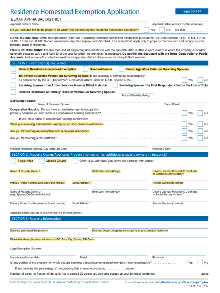 Fillable Online Residence Homestead Exemption Affidavits (50-114-A ...