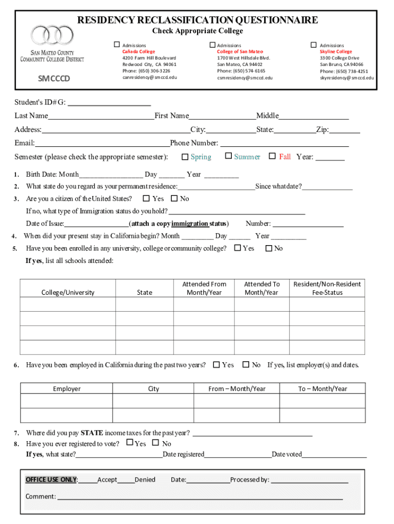 Fillable Online Residency Reclassification Information Sheet - District Downloads Fax Email ...