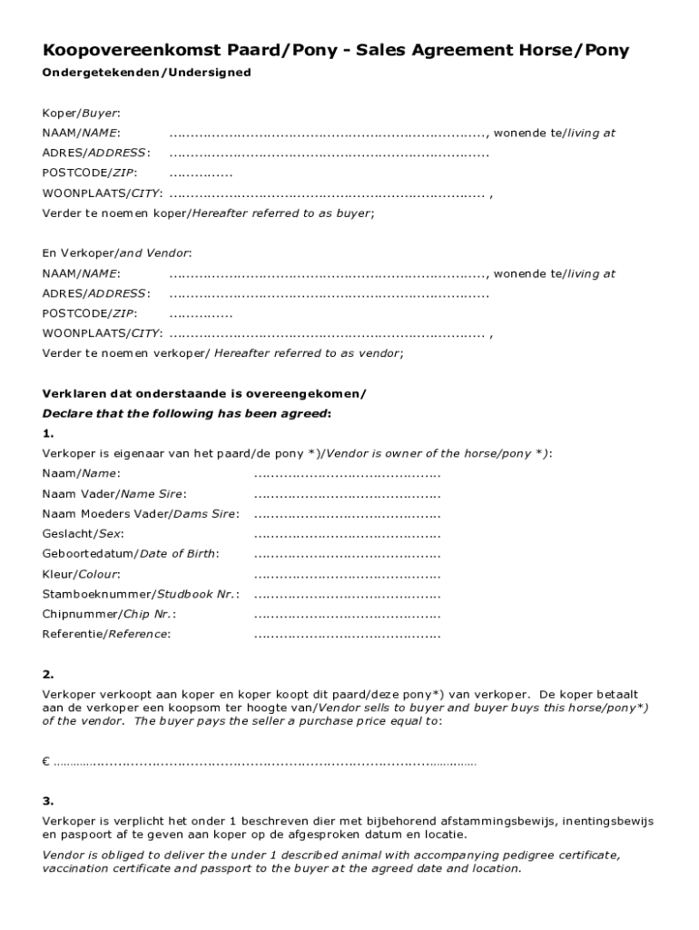 Fillable Online Koopovereenkomst Paard/Pony - Sales Agreement Horse ...