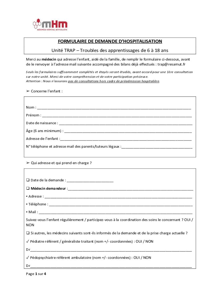 Fillable Online Get the free FORMULAIRE DE DEMANDE D'HOSPITALISATION ...