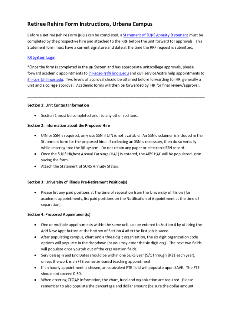 Fillable Online Get the free Retiree Rehire Form Instructions, Urbana ...