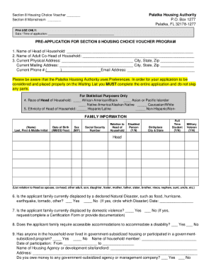 Fillable Online PRE-APPLICATION FOR SECTION 8 HOUSING CHOICE VOUCHER ...