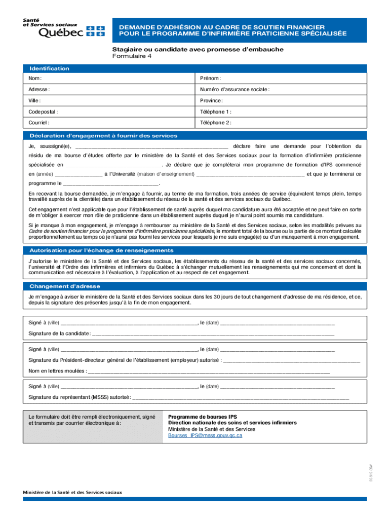 Fillable Online publications msss gouv qc Demande d'adhsion au cadre de soutien financier pour ...