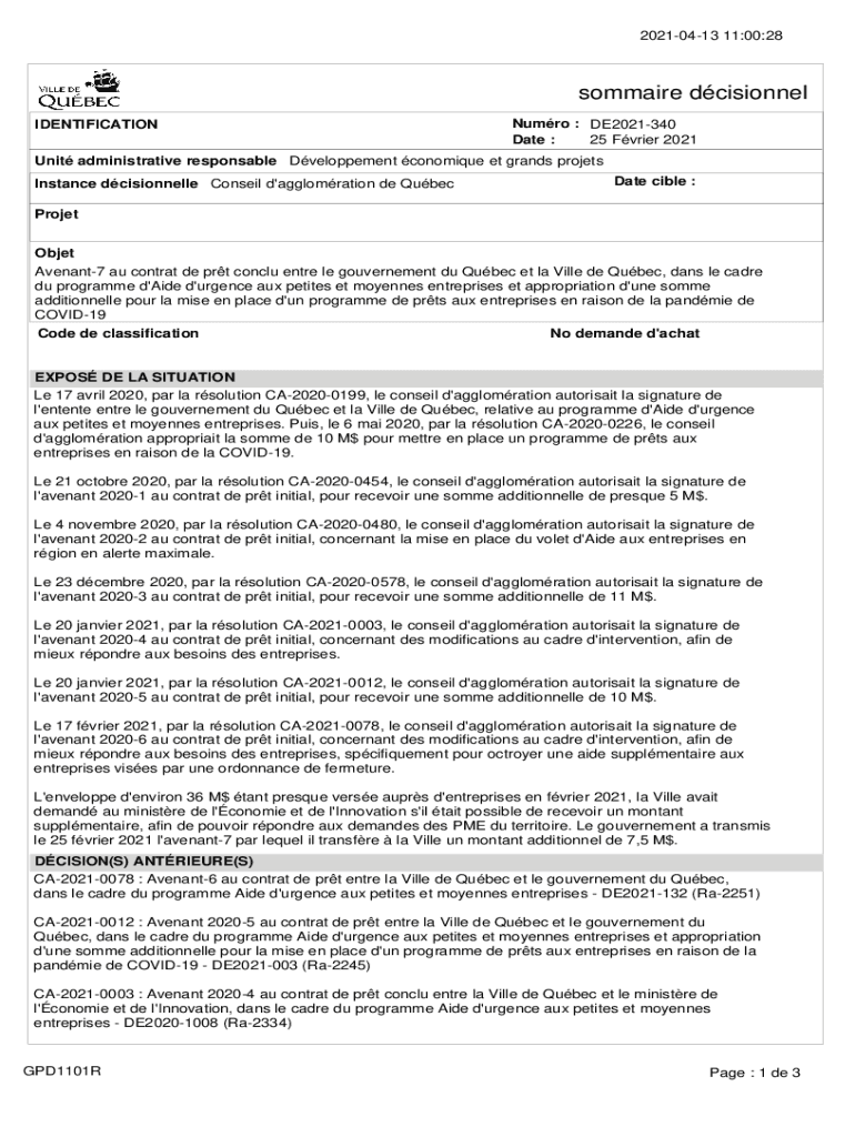 Fillable Online Avenant-7 au contrat de prt conclu entre le ...