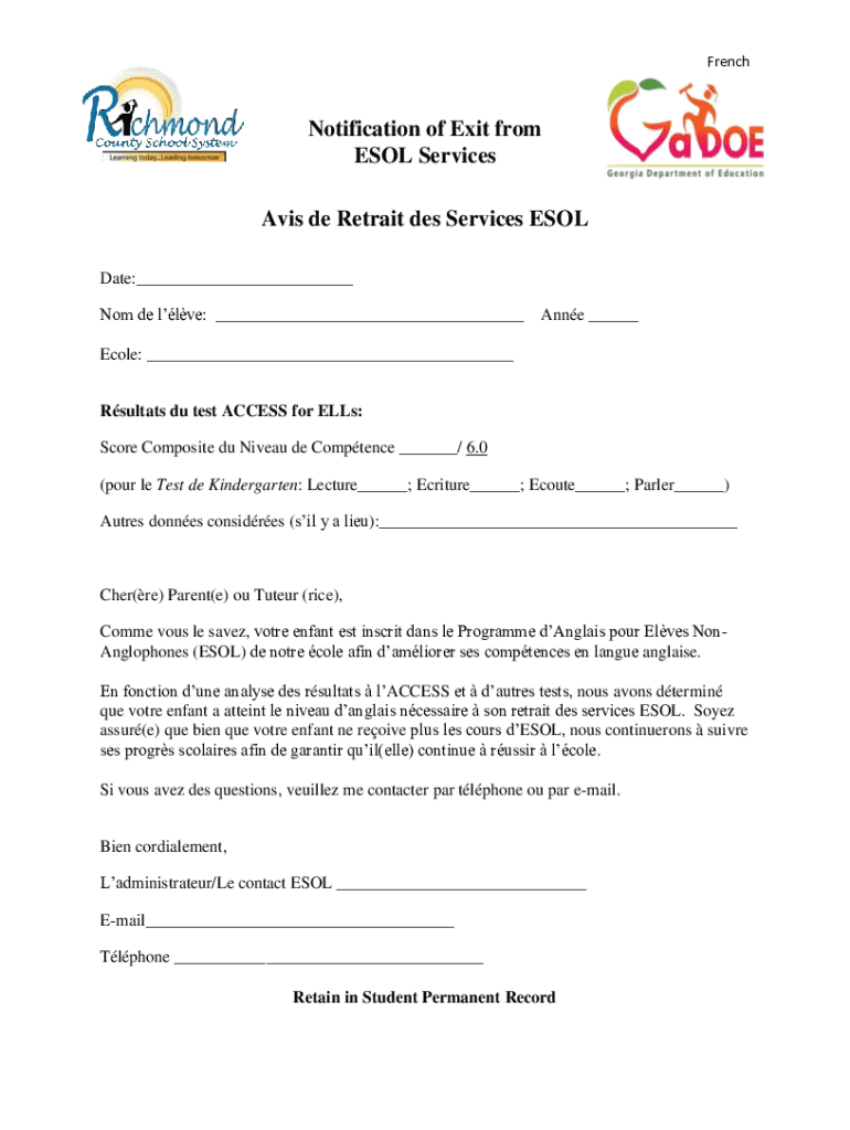 Fillable Online Notification of Exit from ESOL Services Avis de Retrait ...