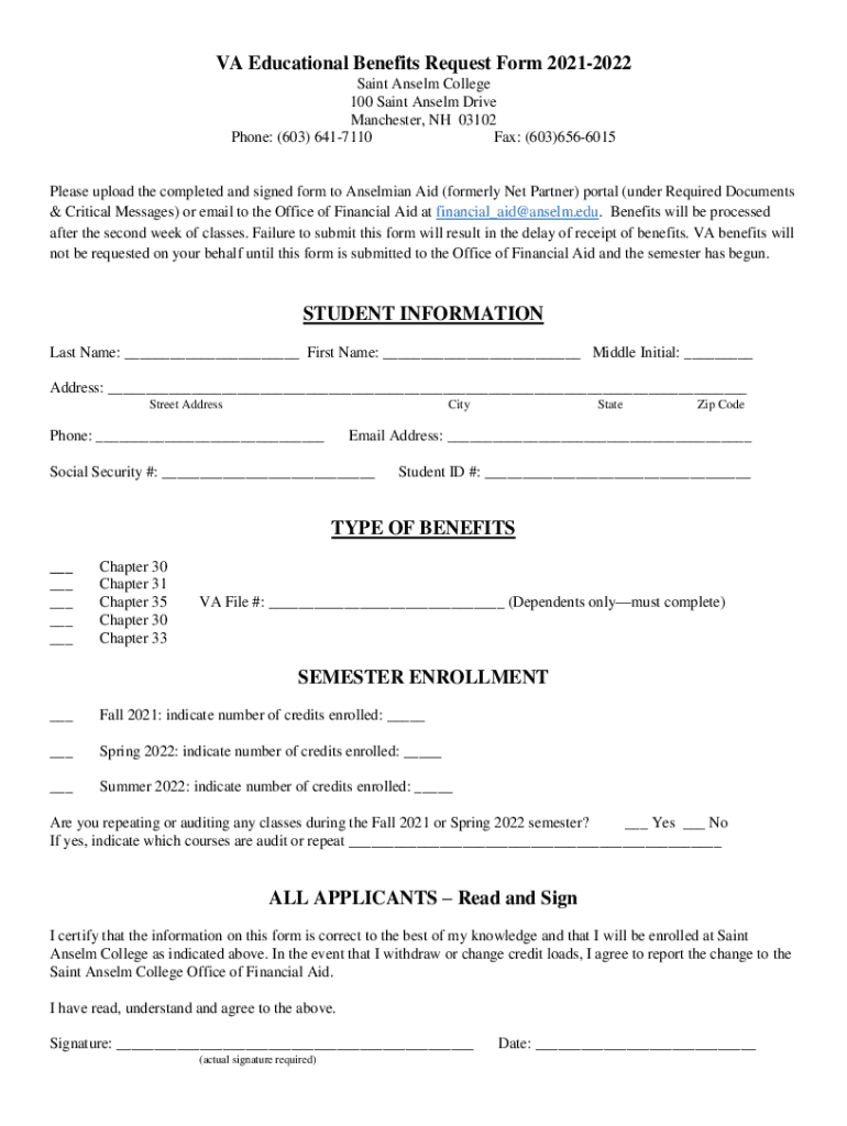 Fillable Online VA Educational Benefits Request Form 2021-2022 - Saint Anselm ... Fax Email ...