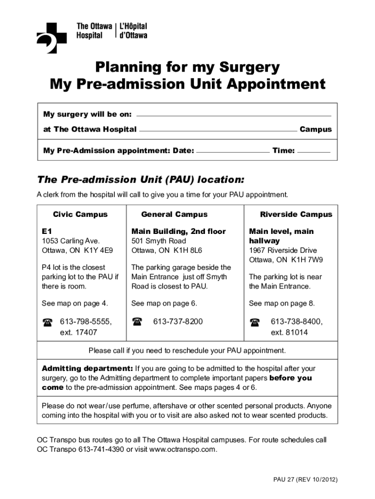 Fillable Online Planning for my Surgery My Pre-admission Unit ...