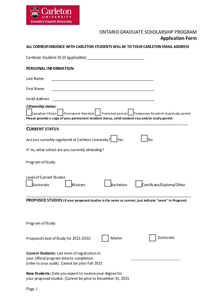 Fillable Online gradstudents carleton ONTARIO GRADUATE SCHOLARSHIP PROGRAM Application Form Fax ...