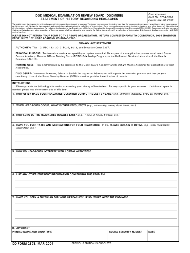 Fillable Online DD Form 2378, DODMERB Statement of History Regarding ...