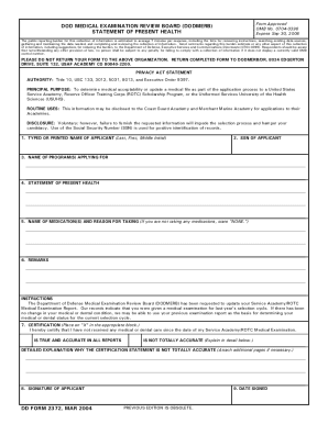 Fillable Online DD Form 2372, DODMERB Statement of Present Health ...